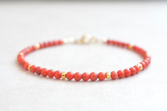 Red Coral Bracelet Beaded Gemstone Bracelet Gold Silver - Etsy