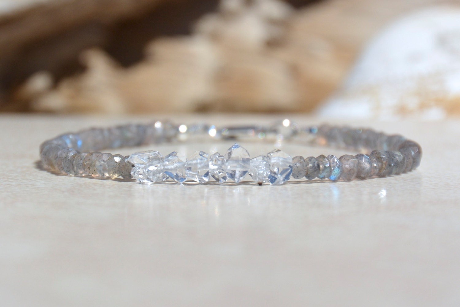Herkimer Diamond Labradorite Gemstone Bracelet, April Bead Birthstone ...