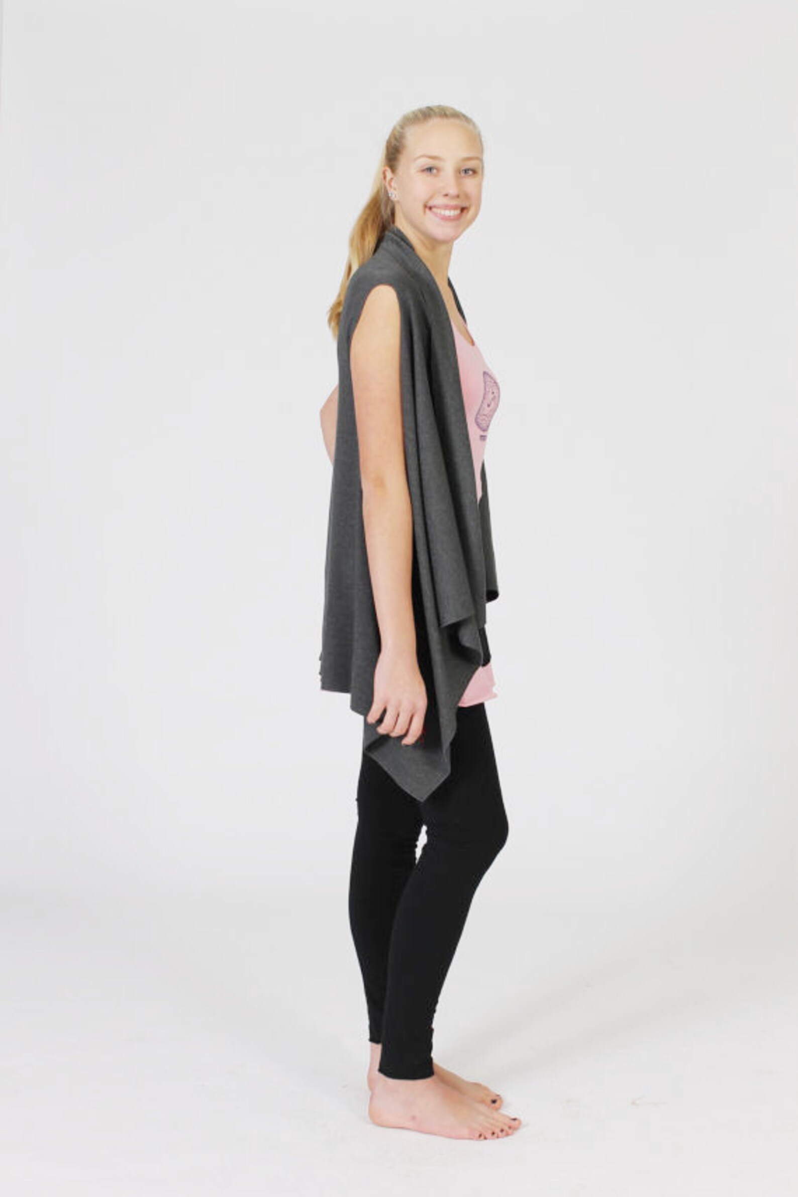 Women's Long Open Vest- Charcoal Oversized Layering Yoga,activewear ...