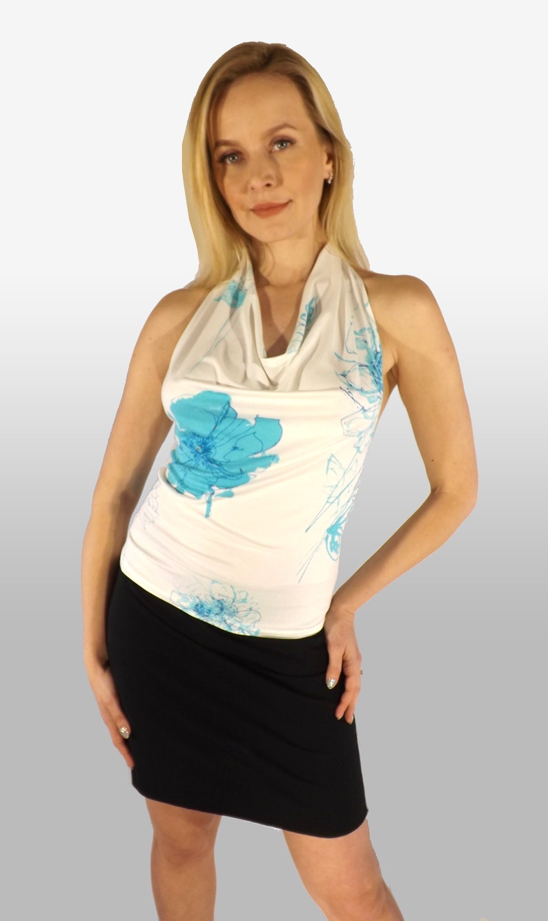 Women's Sleeveless Halter Neck Open Back Top, Drape Cowl Neck Stretch ...