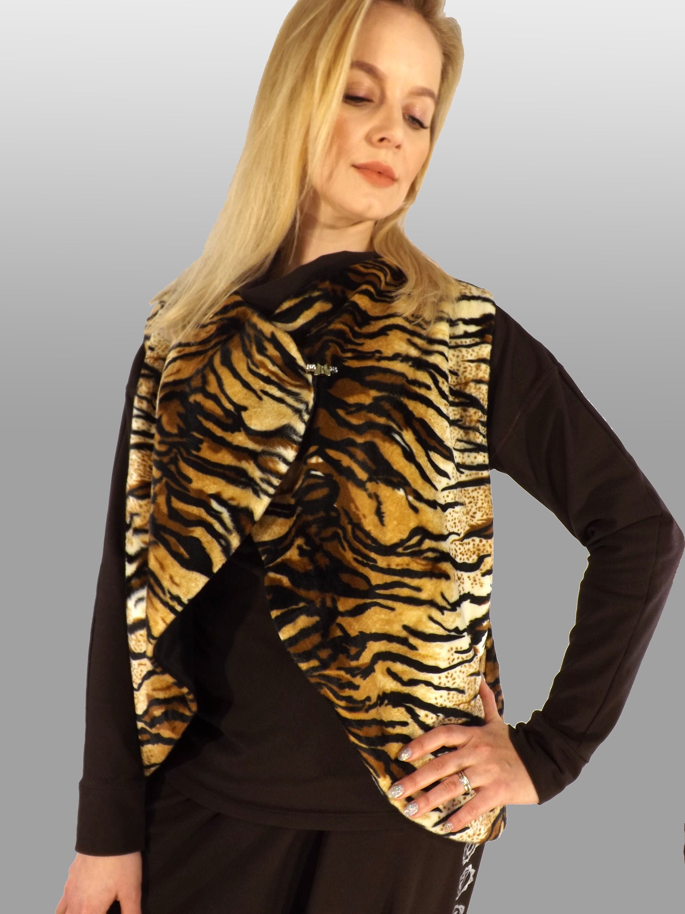 Women's Animal Print Vest, Tiger Stripe Open Front Boho Sleeveless ...