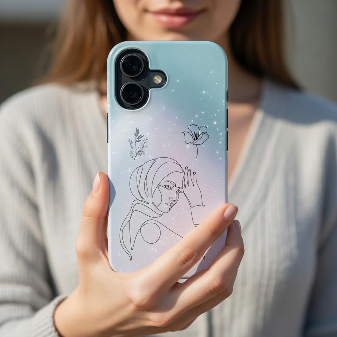 Minimalist Hijabi Woman Line Art iPhone Case, Teal Gradient Floral ...