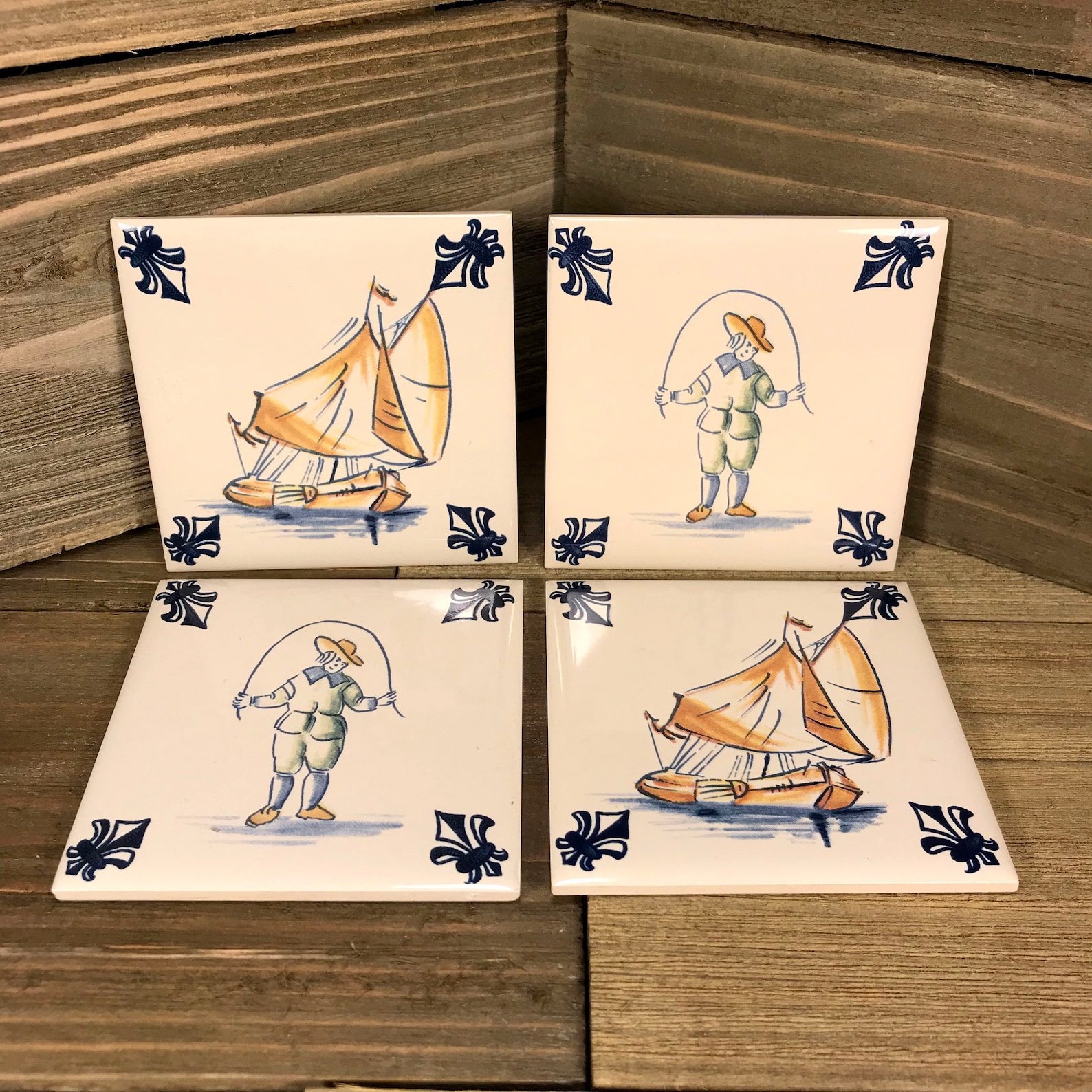 Vintage (1980's) Delft Blue Polychrome Tile Coasters (set of 4) **FREE ...