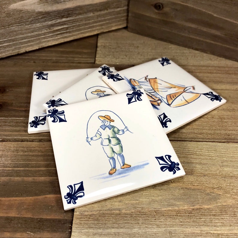 Vintage 1980's Delft Blue Polychrome Tile Coasters set | Etsy