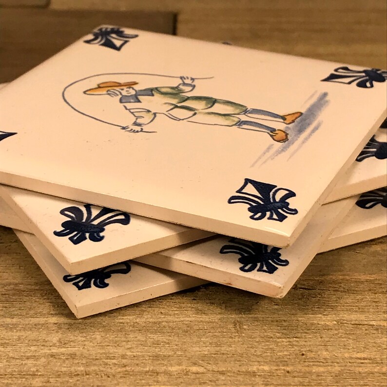 Vintage 1980's Delft Blue Polychrome Tile Coasters set - Etsy