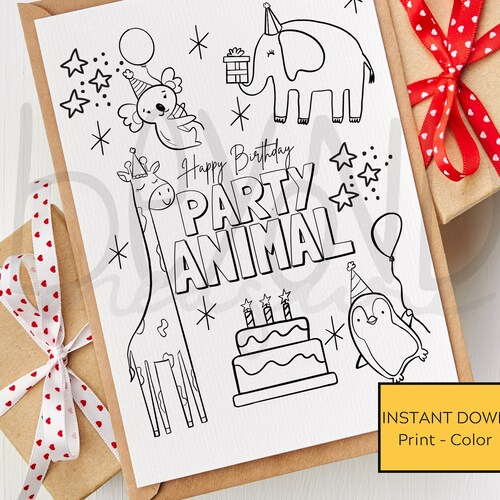 Printable Coloring Happy Birthday Card Cake Balloons - Etsy