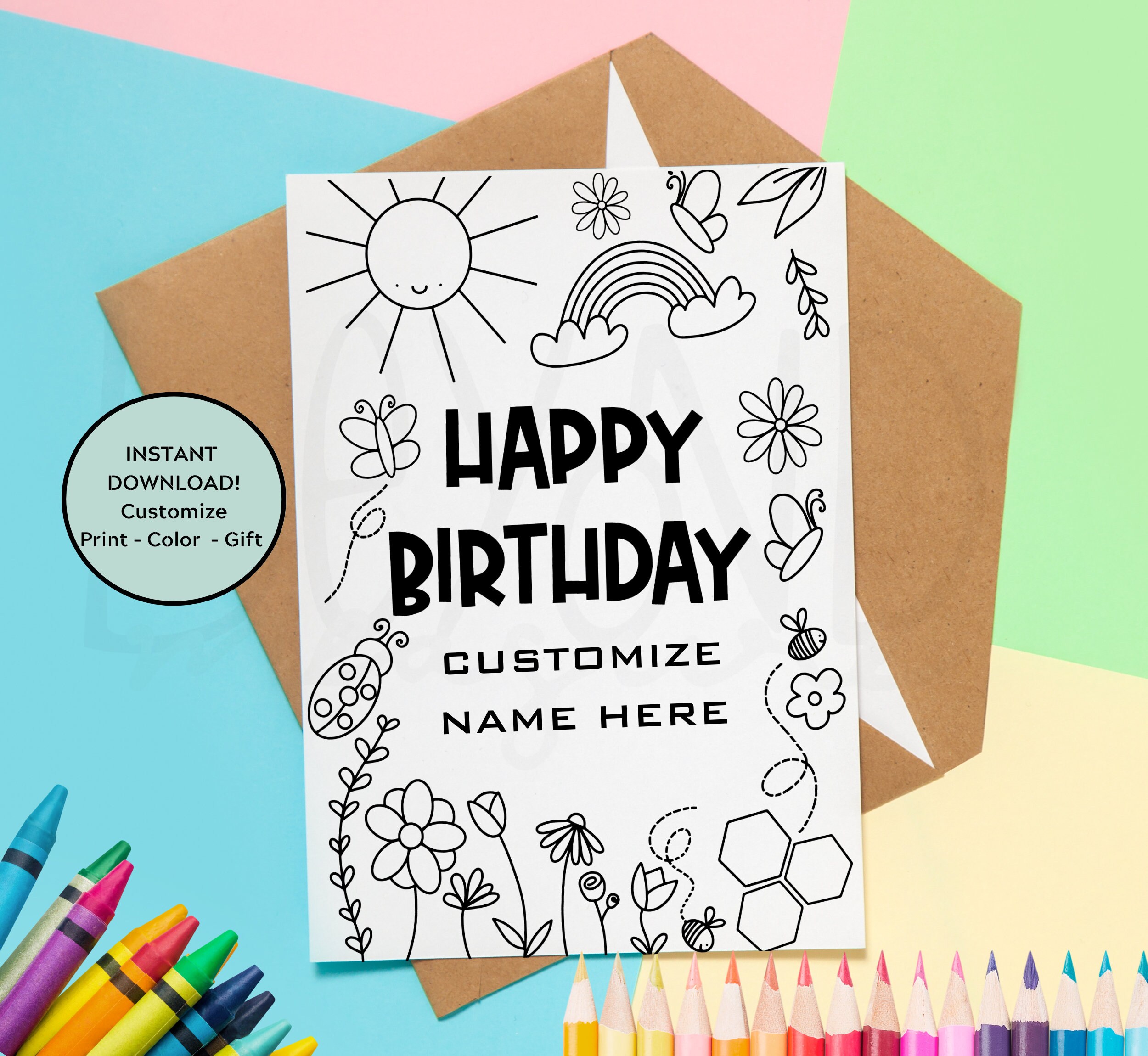 Printable Coloring Happy Birthday Card - Editable - Customize - Floral ...