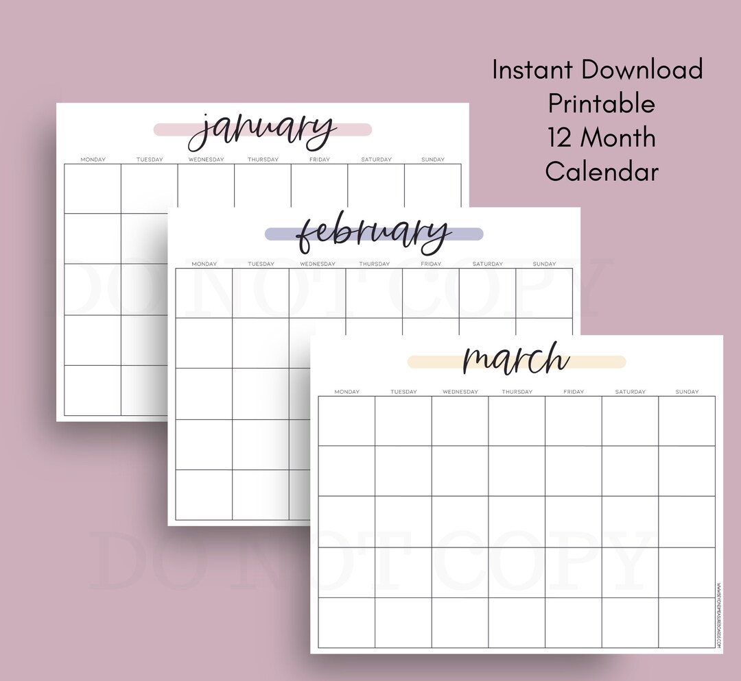 12 Month Printable Calendars - Horizontal Pastel - Etsy