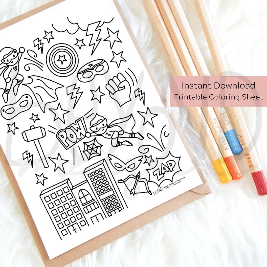 Kids Coloring Sheet Printable - Superhero Theme - Etsy