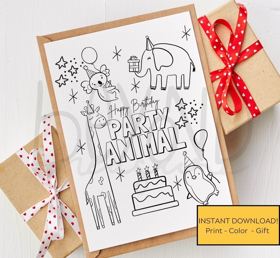 Printable Coloring Happy Birthday Card - Party Animal - Elephant ...