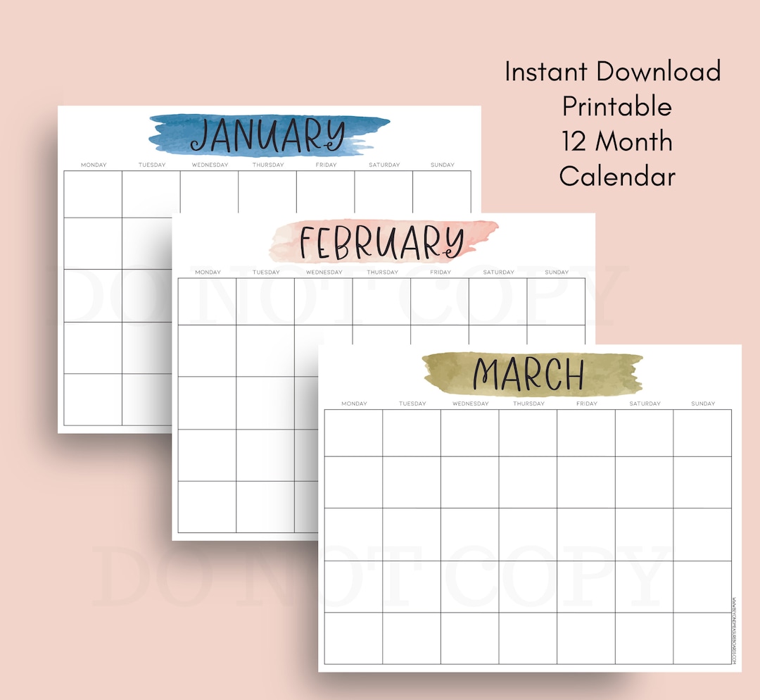 12 Month Printable Calendars - Colourful Watercolour Fill In - Etsy