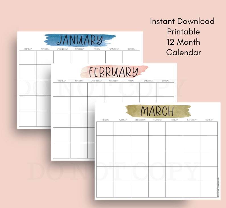 12 Month Printable Calendars Colourful Watercolour Fill In - Etsy