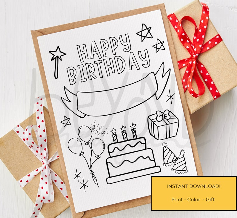 Printable Coloring Happy Birthday Card Cake Balloons - Etsy