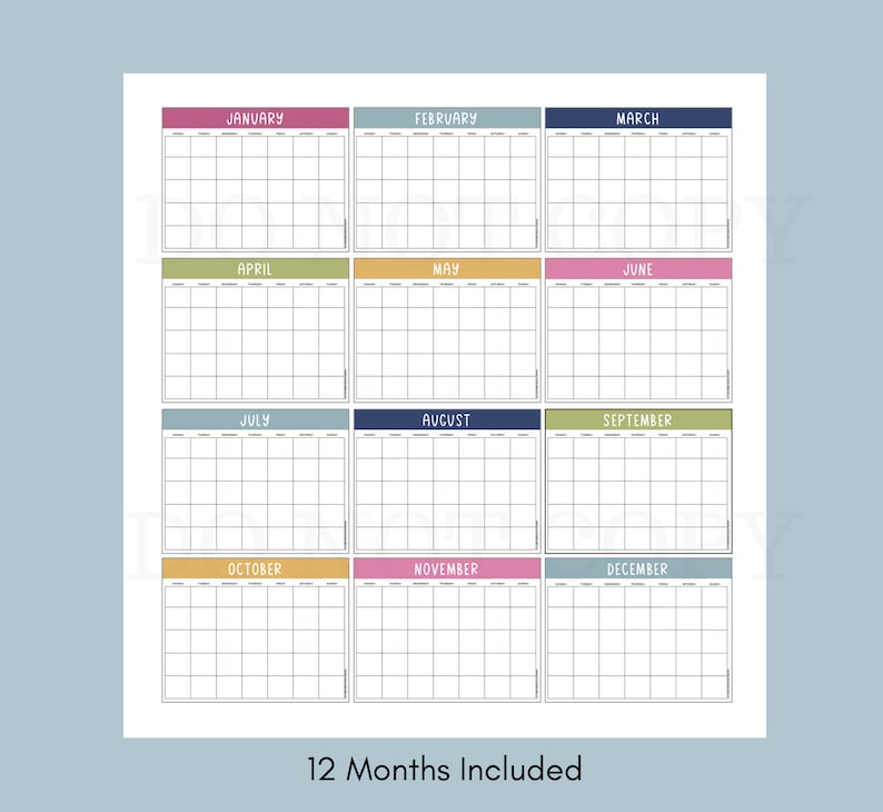 12 Month Printable Calendars Colourful Jewel Tones Fill In - Etsy