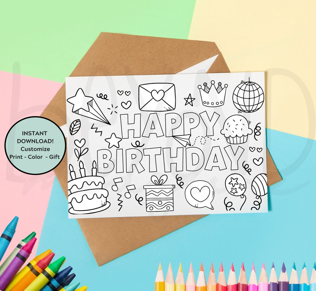 Printable Party Coloring Happy Birthday Card - Editable - Customize ...
