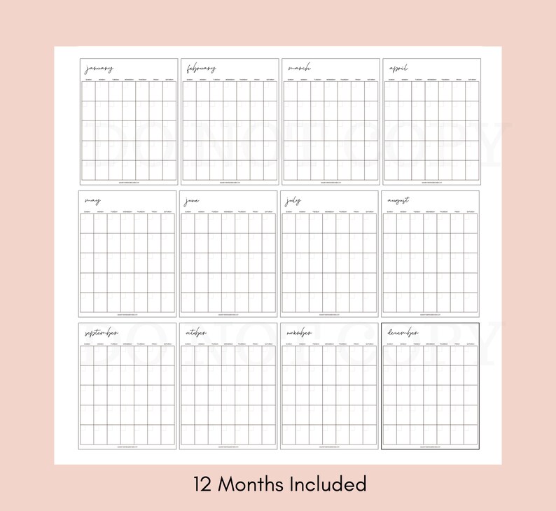 12 Month Printable Calendars Vertical Simple Modern Cursive - Etsy