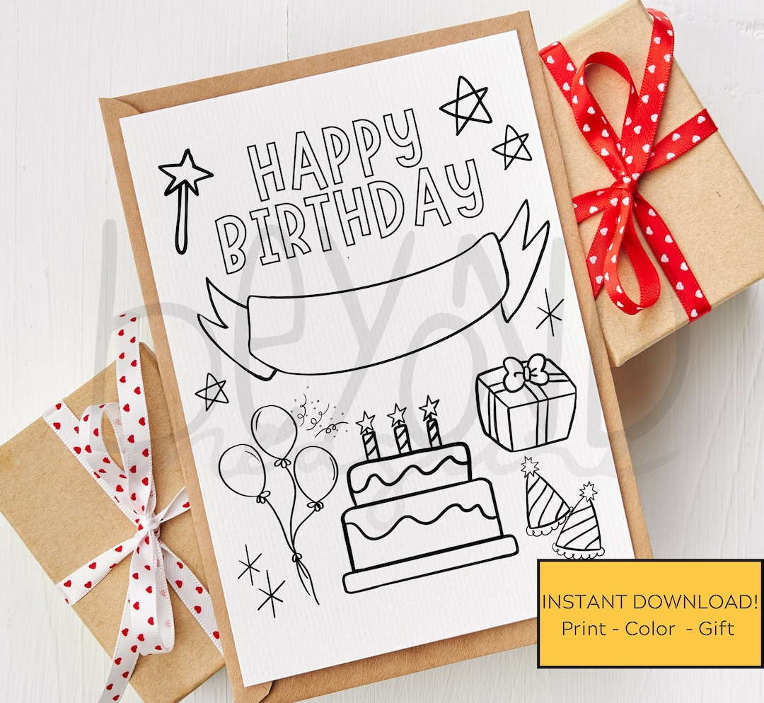 Printable Coloring Happy Birthday Card - Cake - Balloons - Party - Etsy
