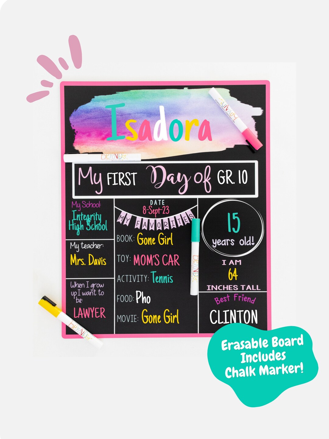 Back to School Erasable Board - Rainbow Pastel Watercolor | First Day ...