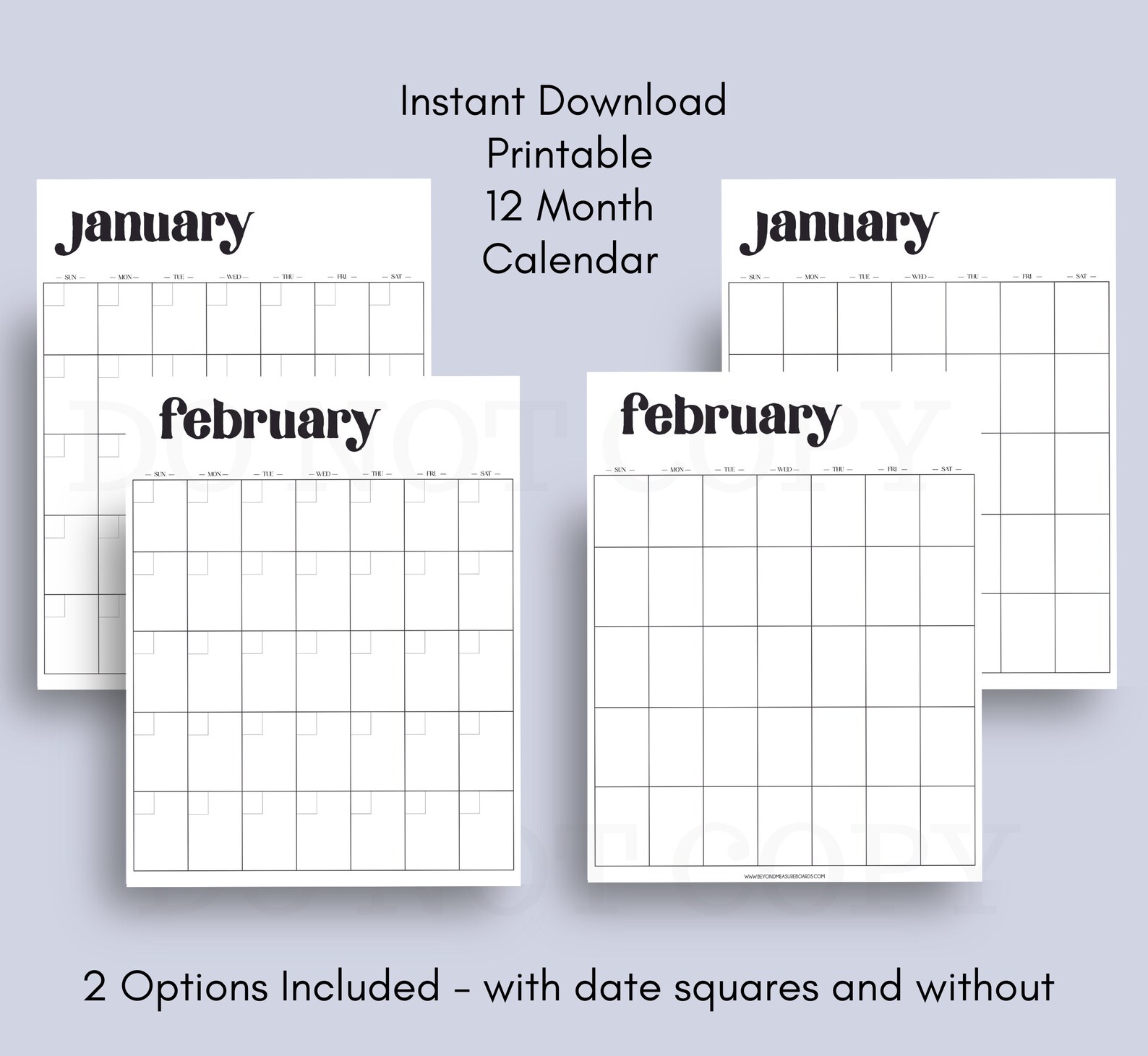 12 Month Printable Calendars Modern Simple Bold Vertical - Etsy