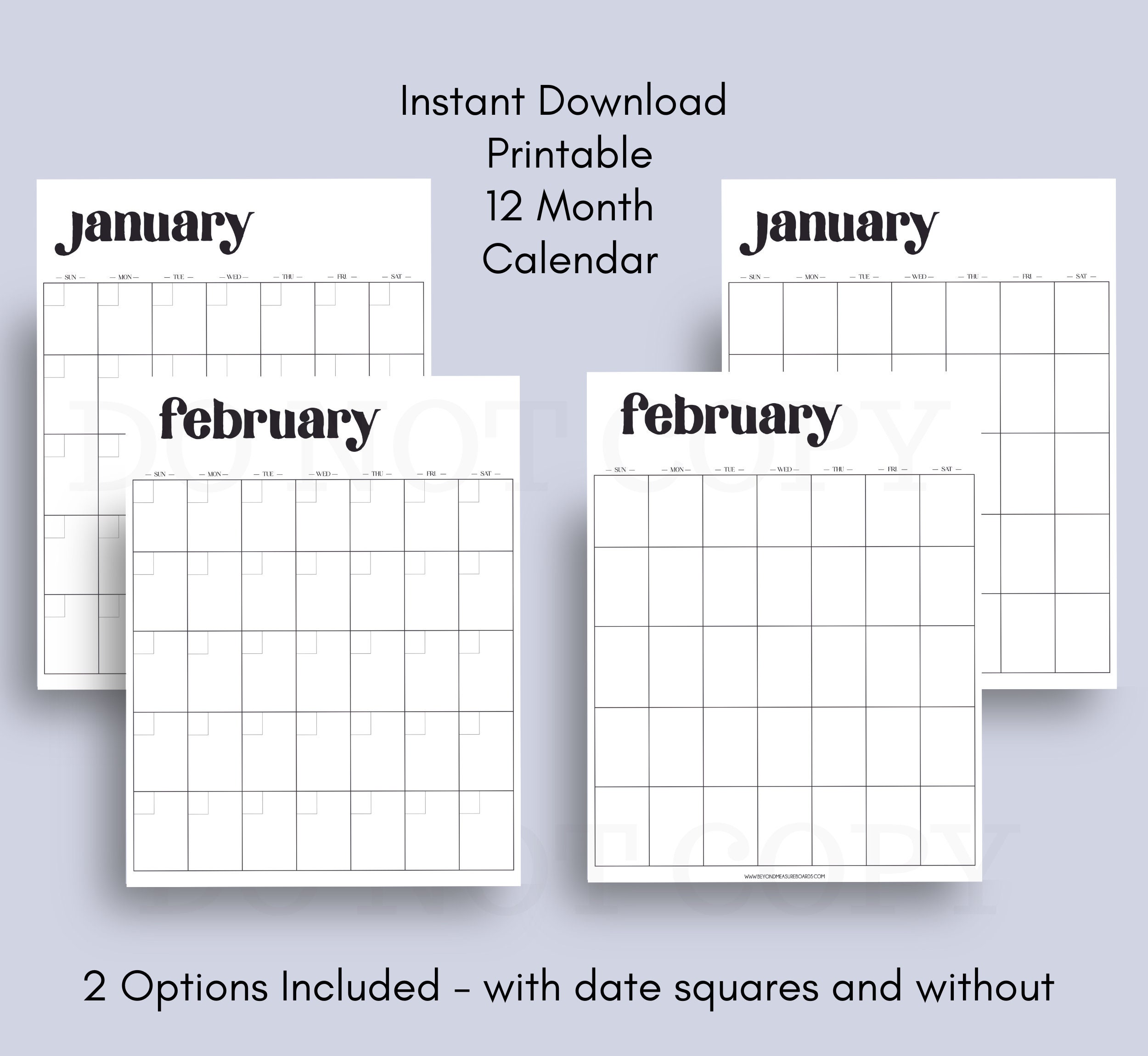 12 Month Printable Calendars - Modern Simple Bold Vertical - Etsy
