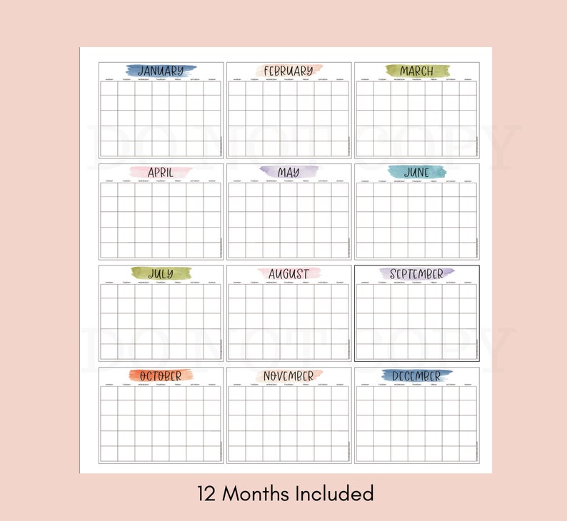 12 Month Printable Calendars Colourful Watercolour Fill In - Etsy