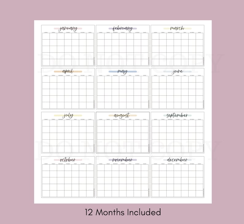 12 Month Printable Calendars Horizontal Pastel - Etsy
