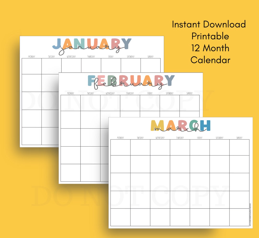 12 Month Printable Calendars - Colourful Fun Blank Fill In - Etsy