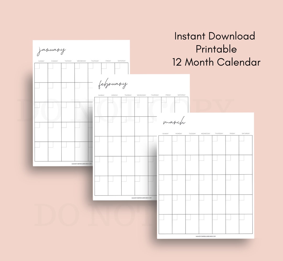 12 Month Printable Calendars - Vertical Simple Modern Cursive - Etsy