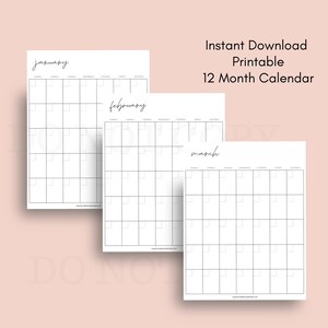 12 Month Printable Calendars - Vertical Simple Modern Cursive - Etsy