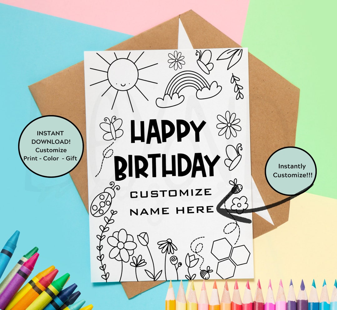 Printable Coloring Happy Birthday Card - Editable - Customize - Floral ...