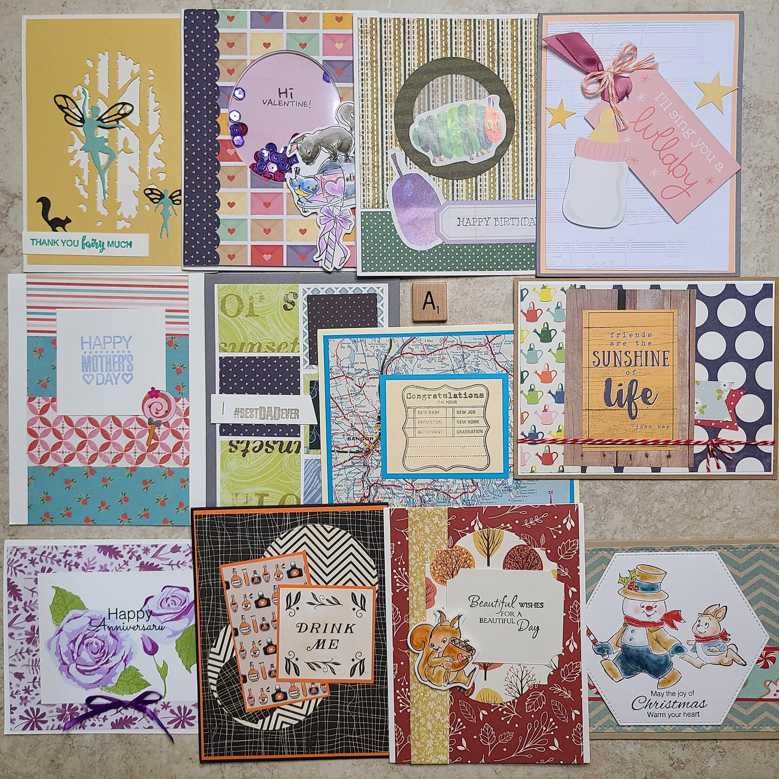 Annual Card Pack - Set of 12 A2 Handmade Greeting Cards for the Year ...