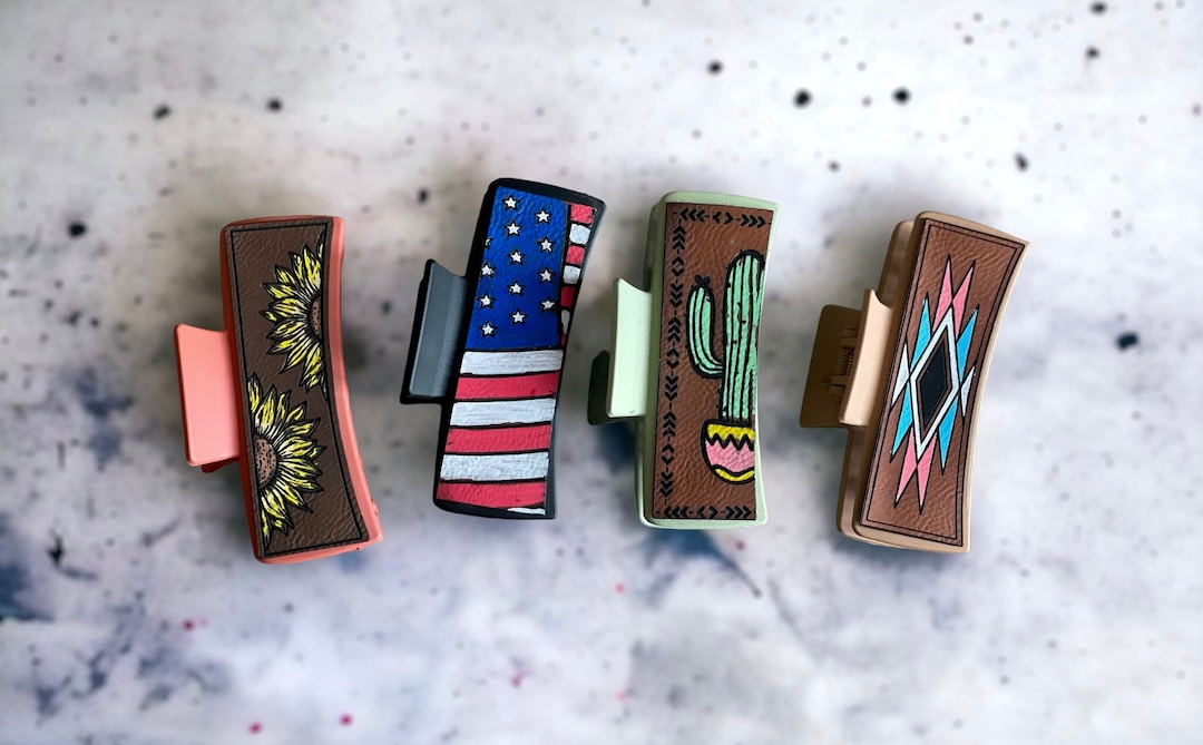 Leatherette Hair Clips, Hand Painted Clips, Western Hair Clips, Cactus ...