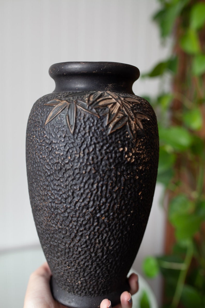 Vintage Black Vase With Birds- Orange and Black Vase-vintage Birds ...