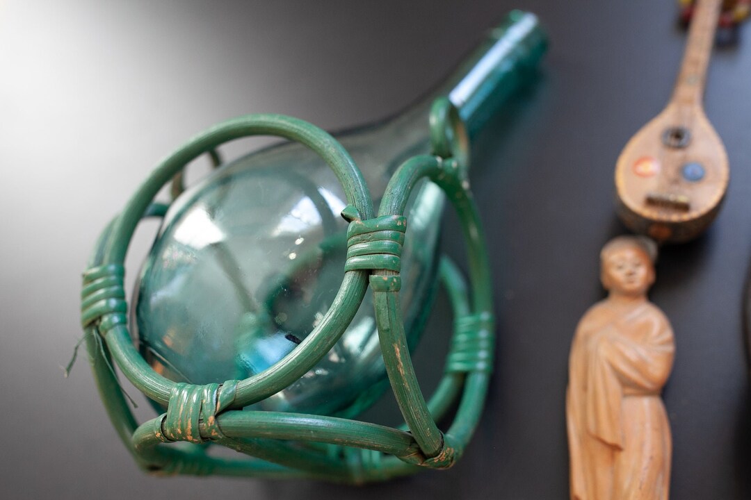 Vintage Aqua Blue Round Bottom Glass Bottle With Holder - Etsy