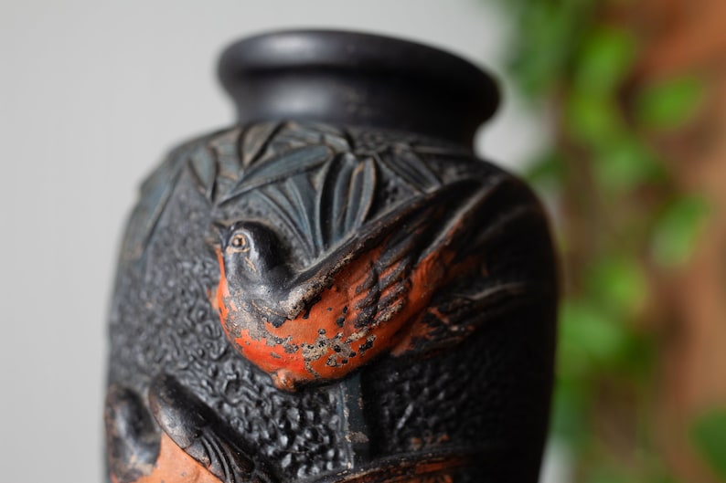 Vintage Black Vase With Birds- Orange and Black Vase-vintage Birds ...