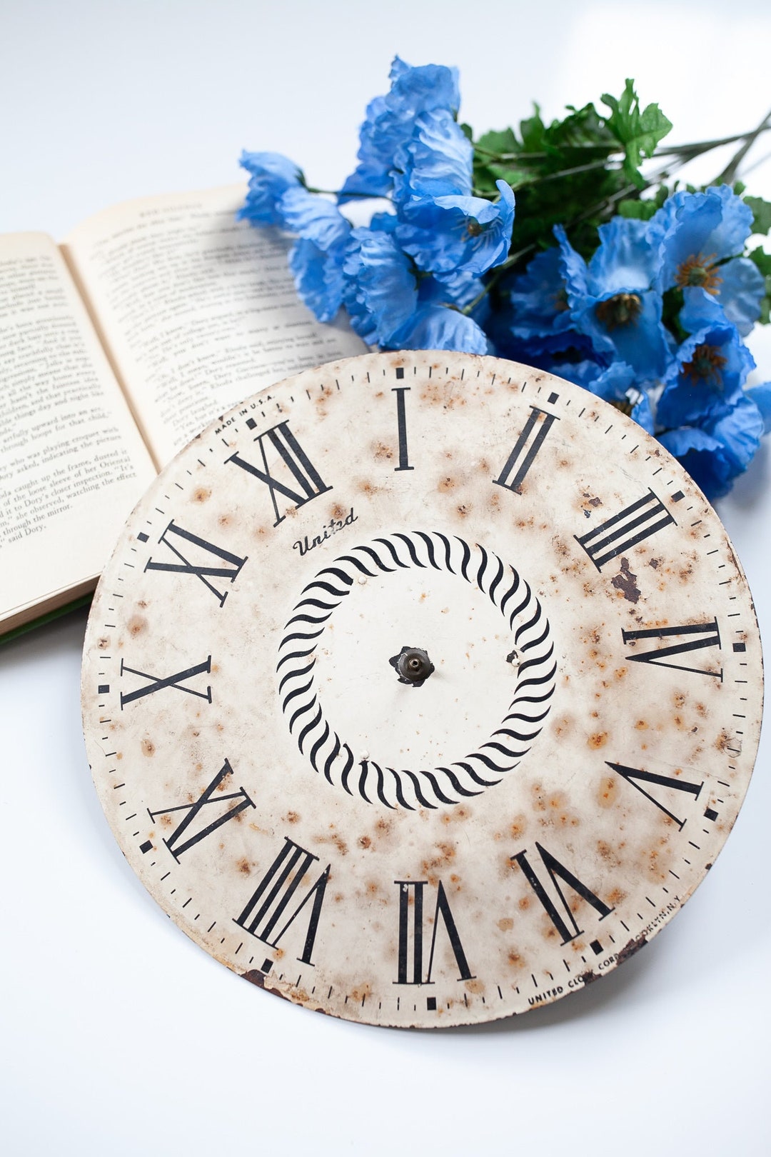 Vintage Clock Face- United Made in USA Metal Clock Face- Roman Numerals ...
