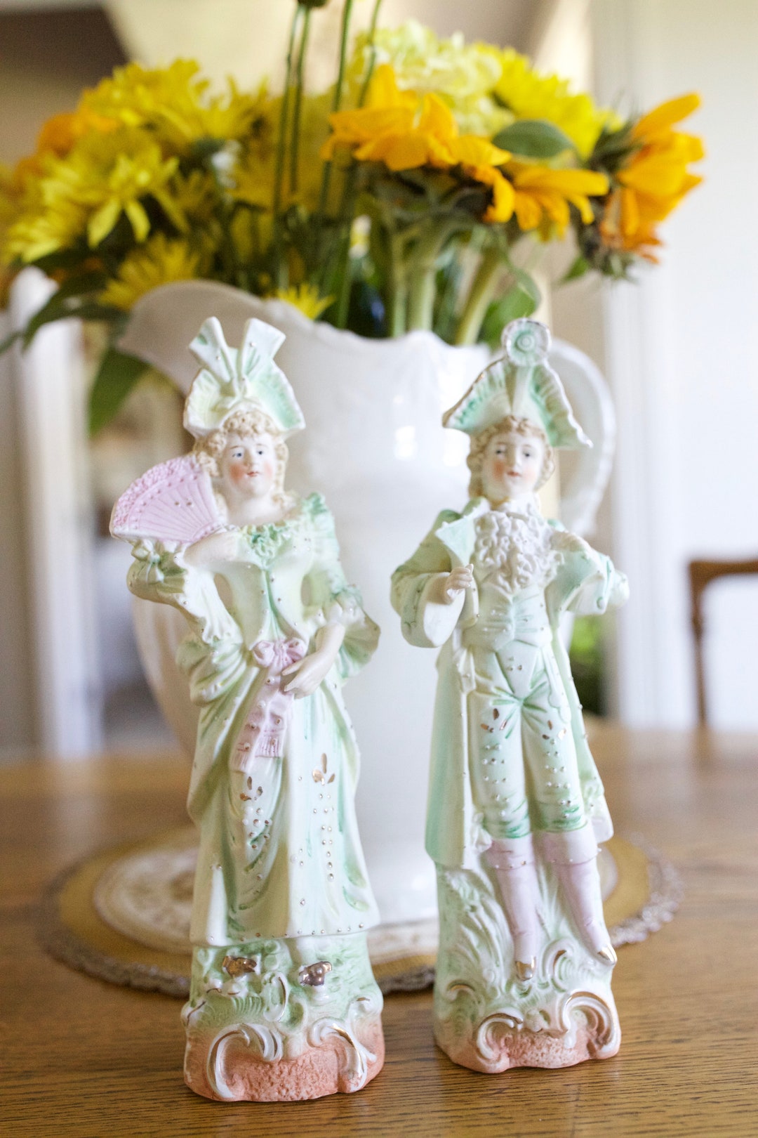 Painted Bisque Figurines Pair of Bisque Figures Green,peach - Etsy