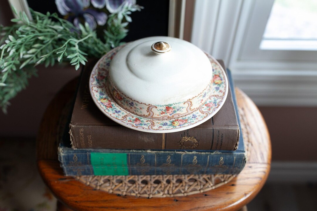 Vintage Stained Rustic Round Butter Dish With Cover and Butter Plate ...