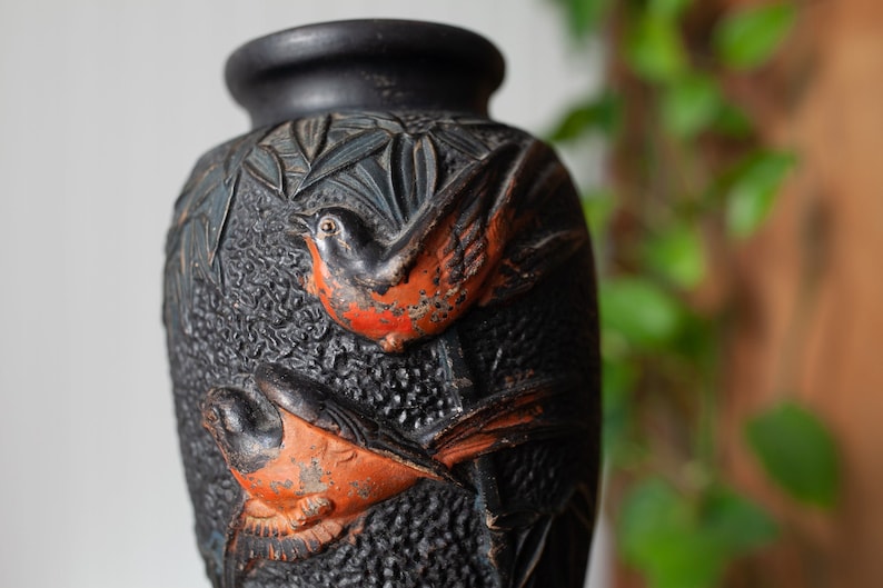 Vintage Black Vase With Birds- Orange and Black Vase-vintage Birds ...