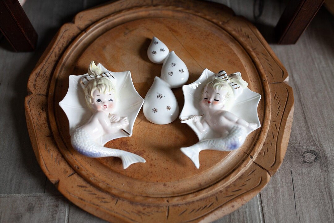 Enesco Mermaids- Vintage Wall Mermaids-hand Painted Mermaids Raindrops ...