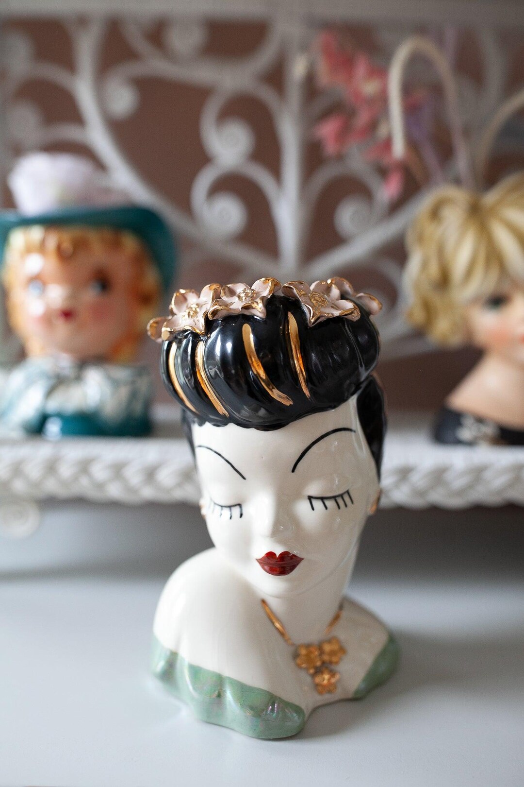 Vintage Glamour Girl Head Vase- Lady Head Vase- Black Hair With Pink ...