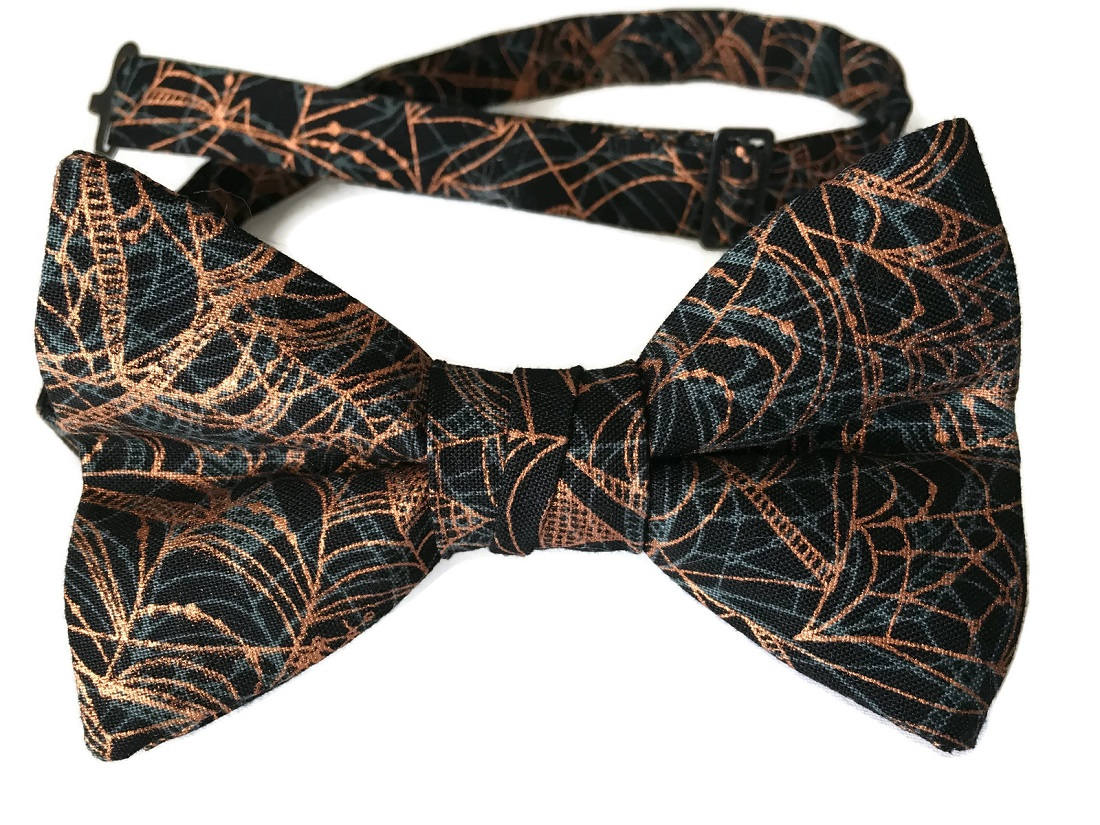 Handmade Pre-Tied Bow Tie - Black & Orange Metallic Spider Web Design ...