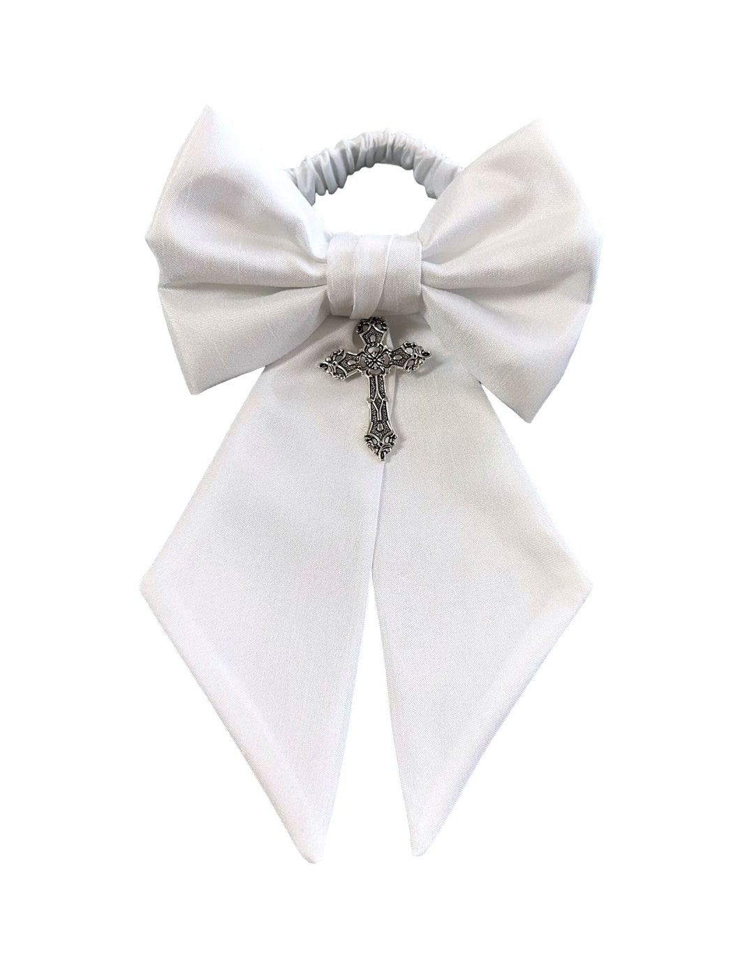 Boy's Communion Armband Religious Silver Cross Charm White Shantung ...