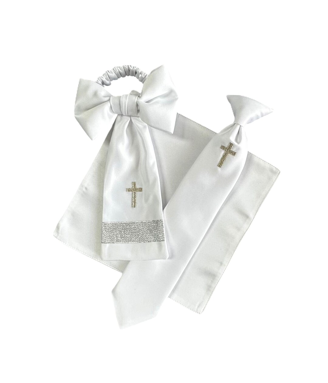 Boys Communion Necktie Clip, Pocket Square, Armband Set, White Satin ...