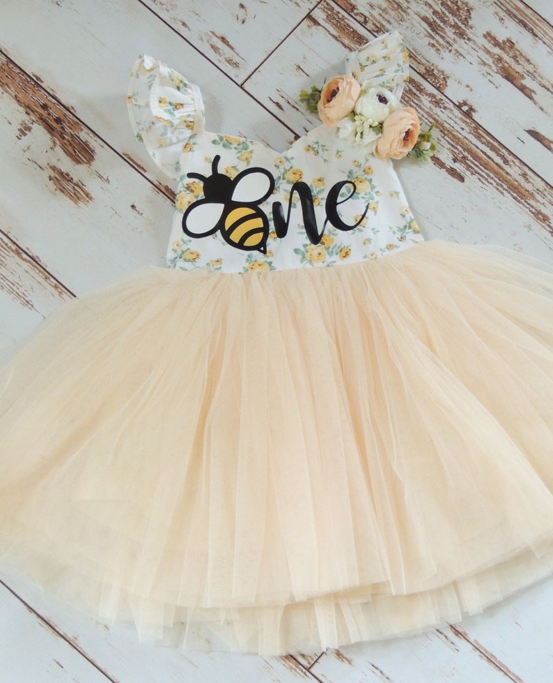 First Bee Day First Birthday Dress Yellow Floral Fun to Bee One Sweet ...