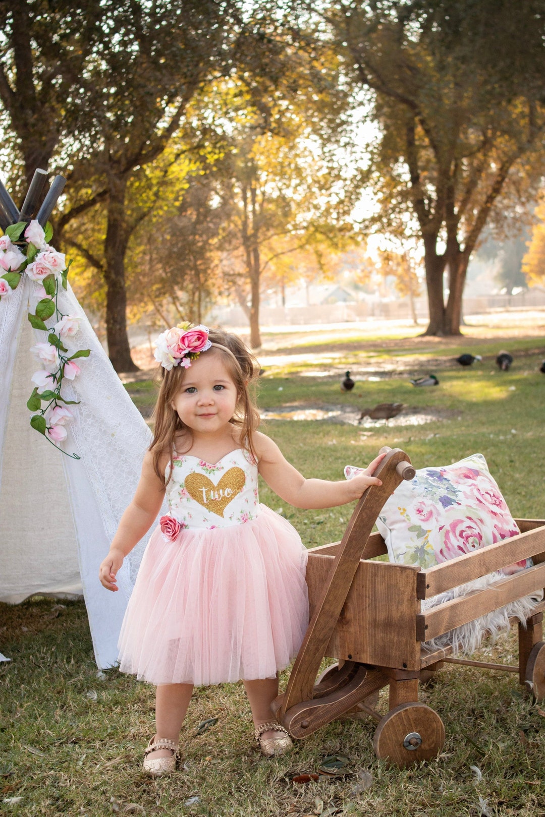 Pink Floral Second Birthday Dress Party Dress With Floral Headband Baby ...