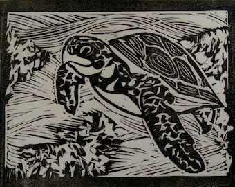 Sea turtle linocut | Etsy