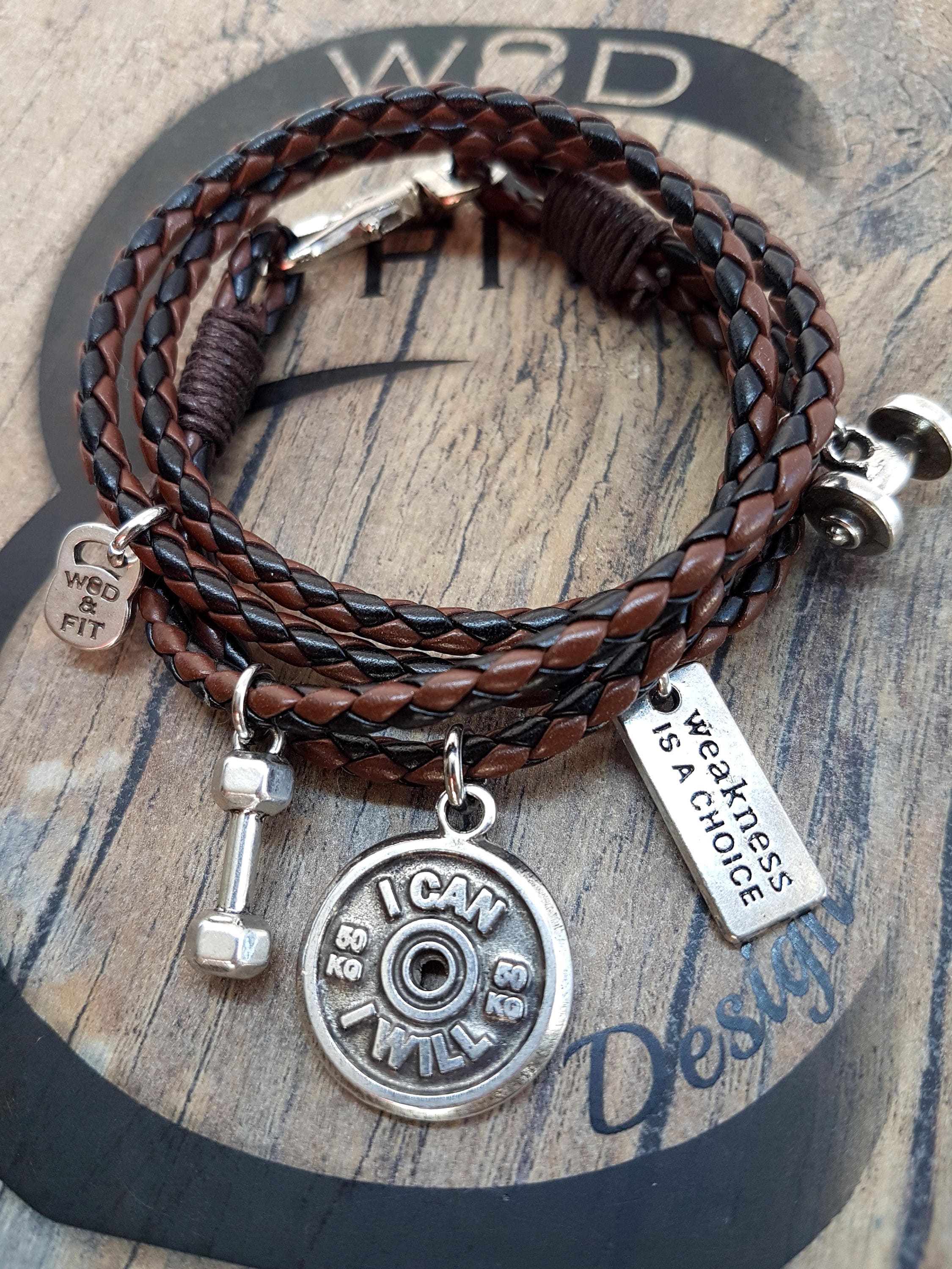 Bracelet Black/Brown Leather Nick Dumbbell Workout leather Motivation ...
