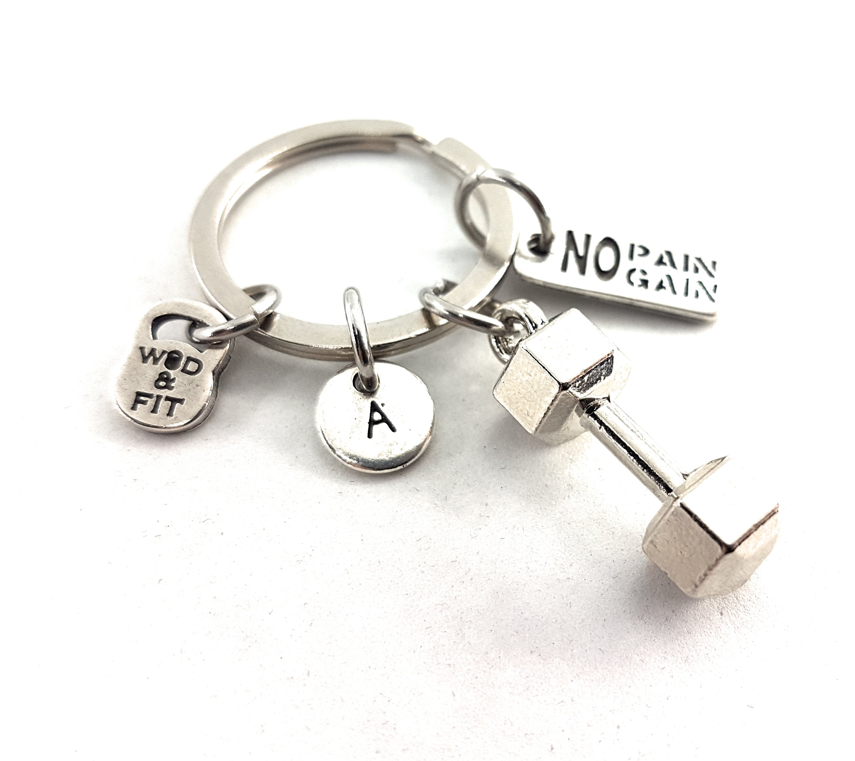 Gym Gift Dumbbell Keychain No Pain No Gain & Initial, Gym Key chain ...