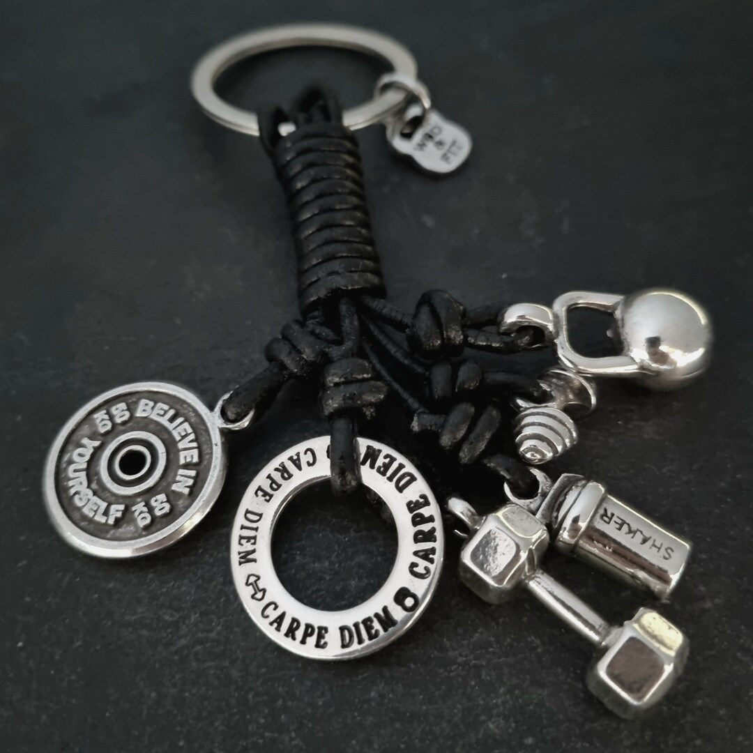 Gym Keychain Best Workout Black Leather Custom Gift - Shaker -dumbbell ...
